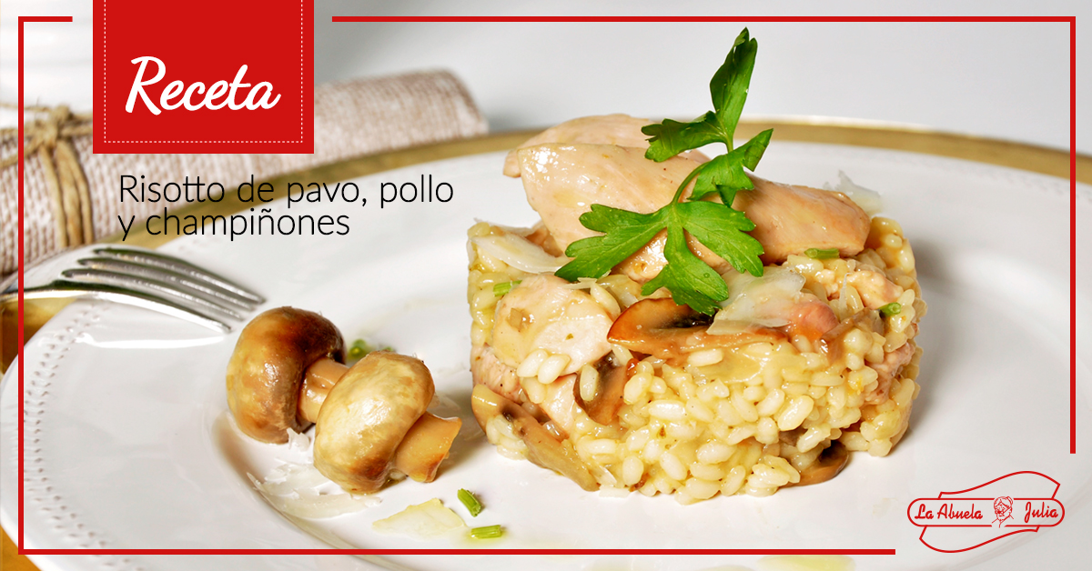 Risotto de pavo, pollo y champiñones