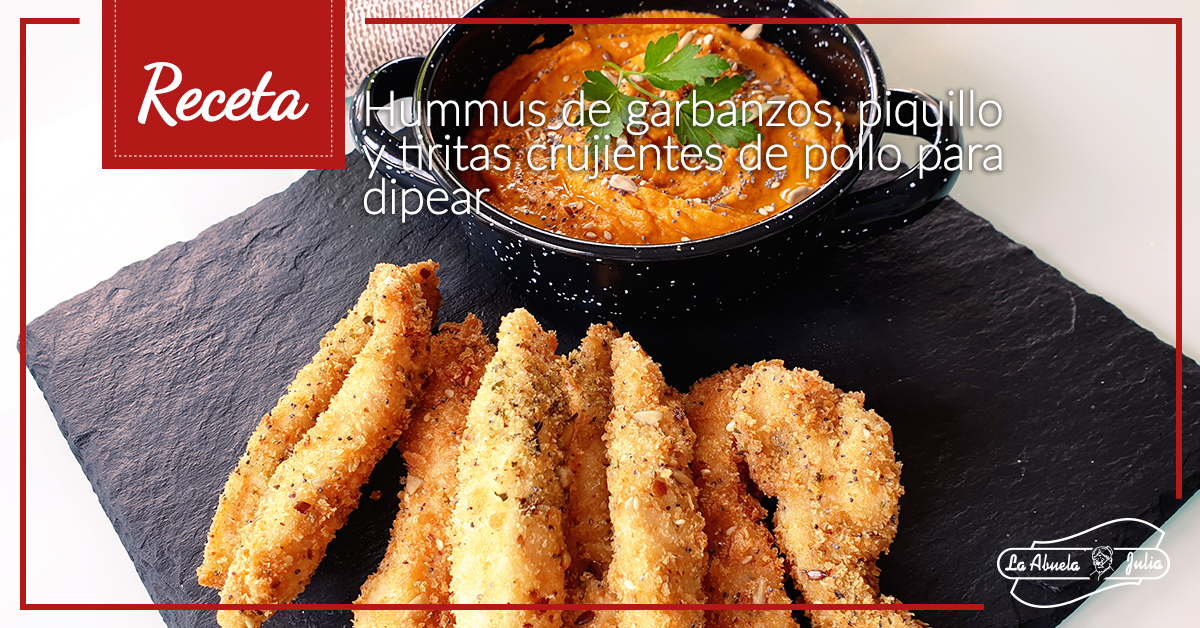 Dipea con Hummus de garbanzos, piquillo y tiritas crujientes de pollo